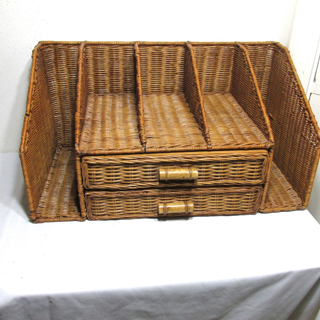 Wicker Desk Top Organizer Vintage Divided Spaces and Drawer - Etsy