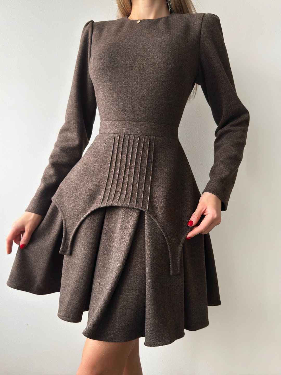 Adel Dress With Pleated Basque Skirt and Long Sleeve, Warm Dress, Wool ...