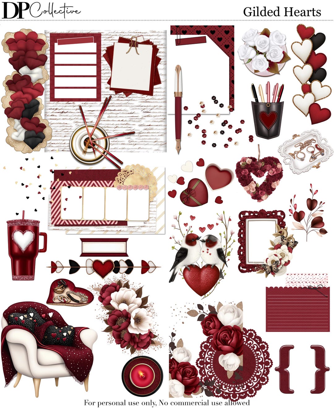 Gilded Hearts Digital Stickers: Valentine's Planner (goodnotes, PNG) - Etsy