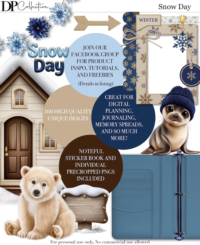 Snow Day Digital Sticker Pack | 100 Winter Stickers PNG + Noteful ...
