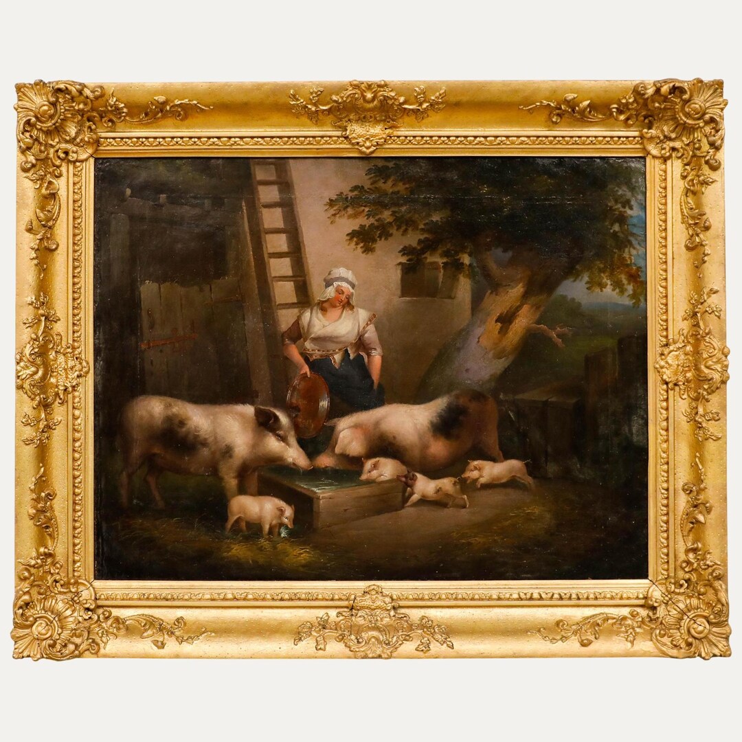 Manner of George Morland - Framed 19th Century Oil, Pigs at a Trough ...