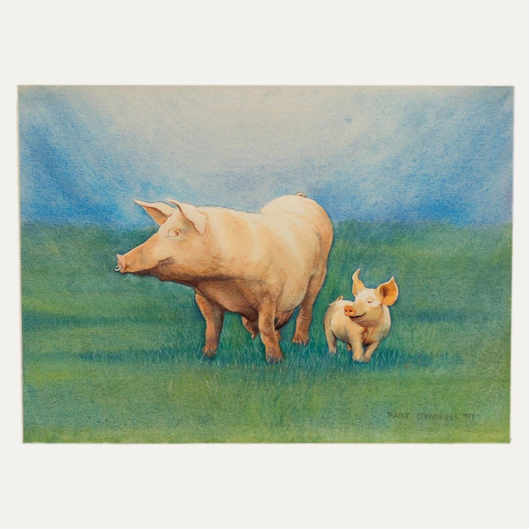 Bart O'farrell (1941-2017) - 1987 Watercolour, Strolling Pigs Original ...