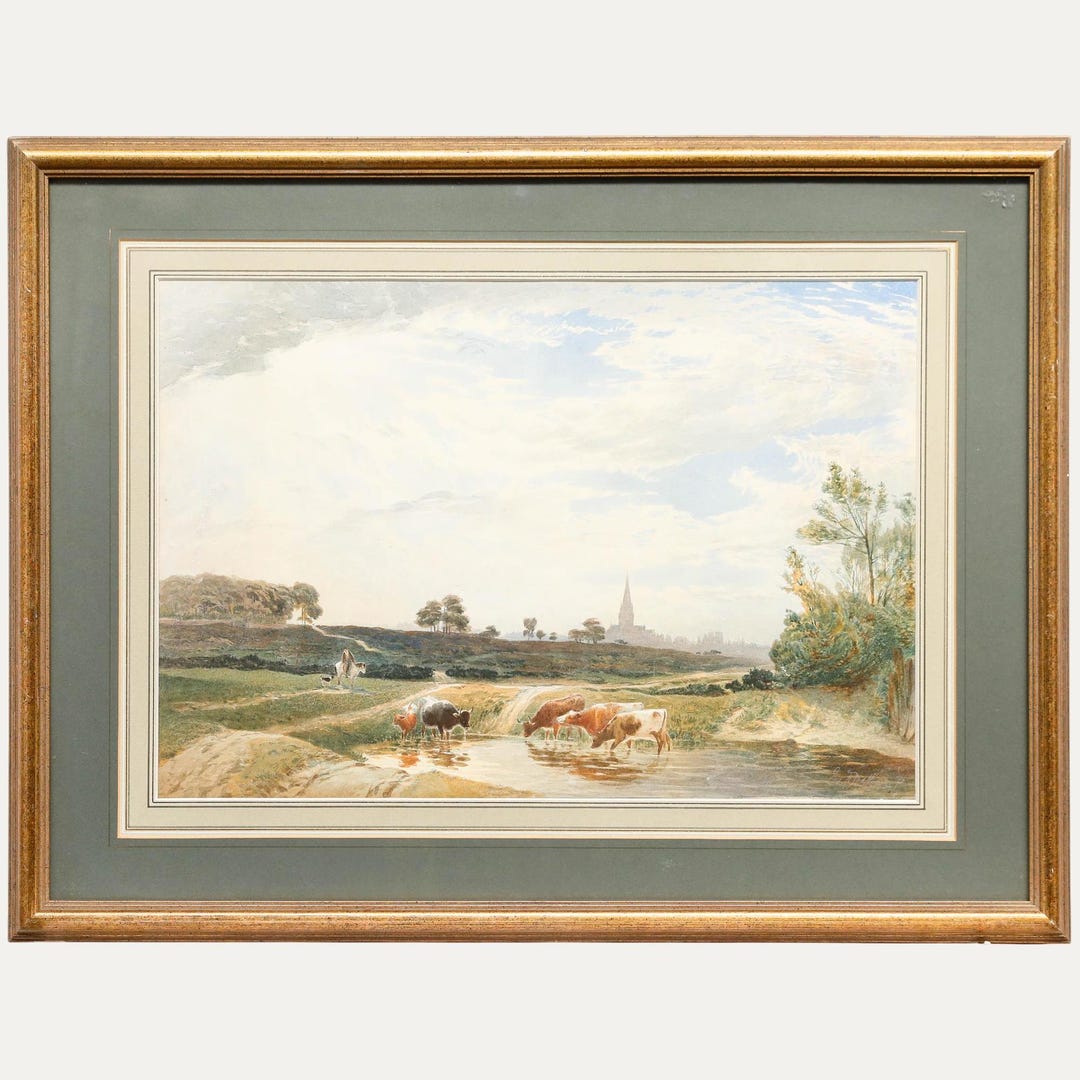 Edward Matthews Watercolour Painting: Cattle Drinking on Sheen Common ...