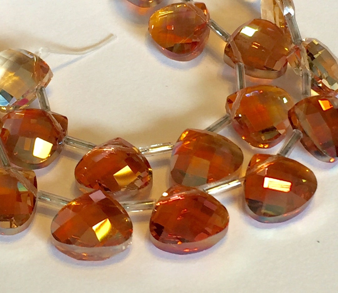 Copper Apricot Faceted 13mm Crystal Briolettes Flat Heart Top Drilled ...