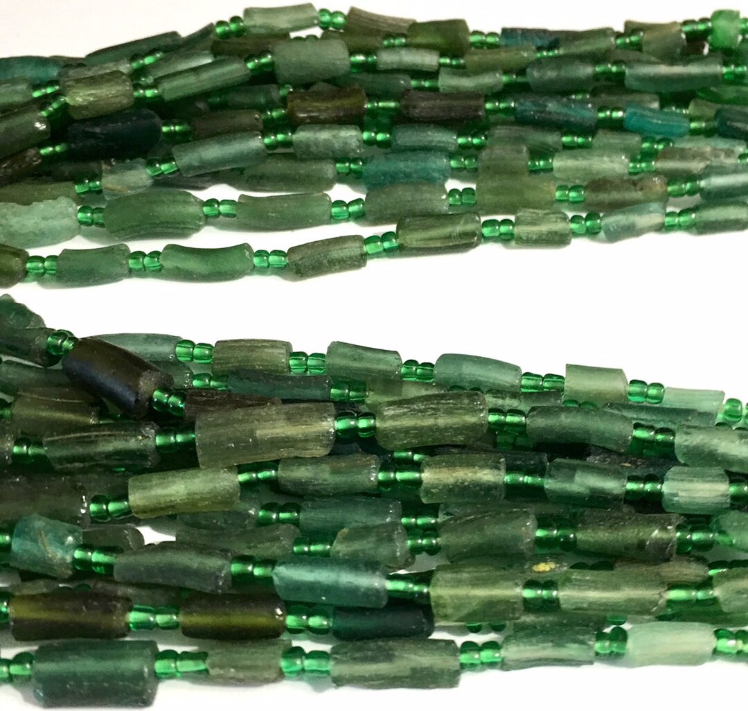 Green Ancient Roman Dark Glass Beads Whole Strand Slim Nugget Style - Etsy