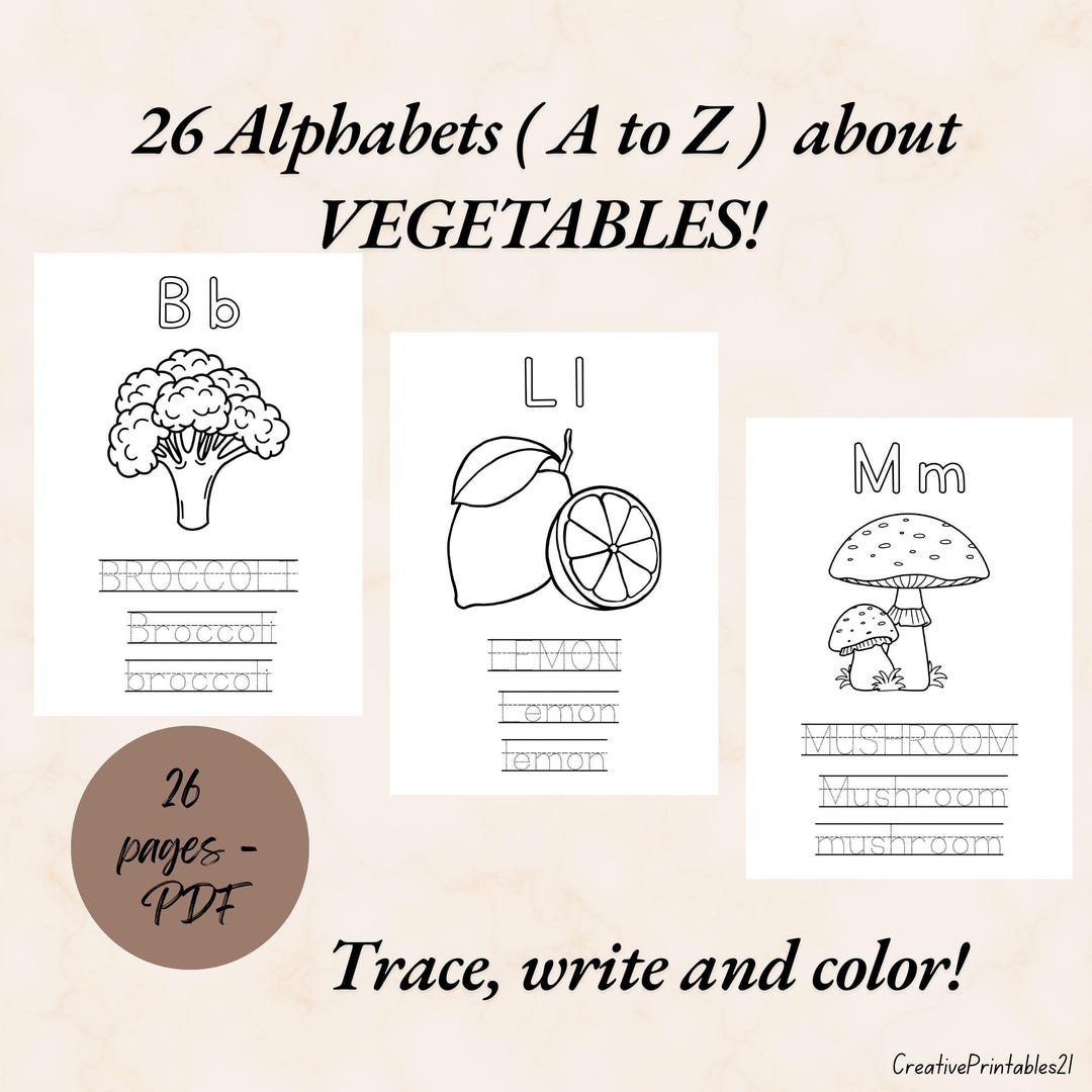 26 Alphabets A to Z About Vegetable Coloring and Tracing Worksheets ...