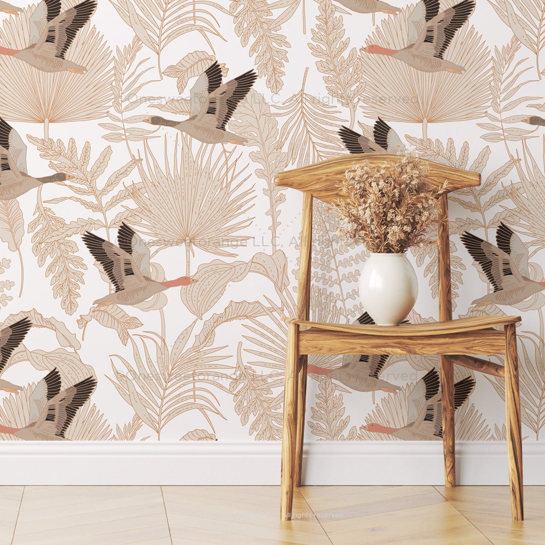 Wallpaper Geese and Palm White Panel Self-adhesive Woven Polyester ...