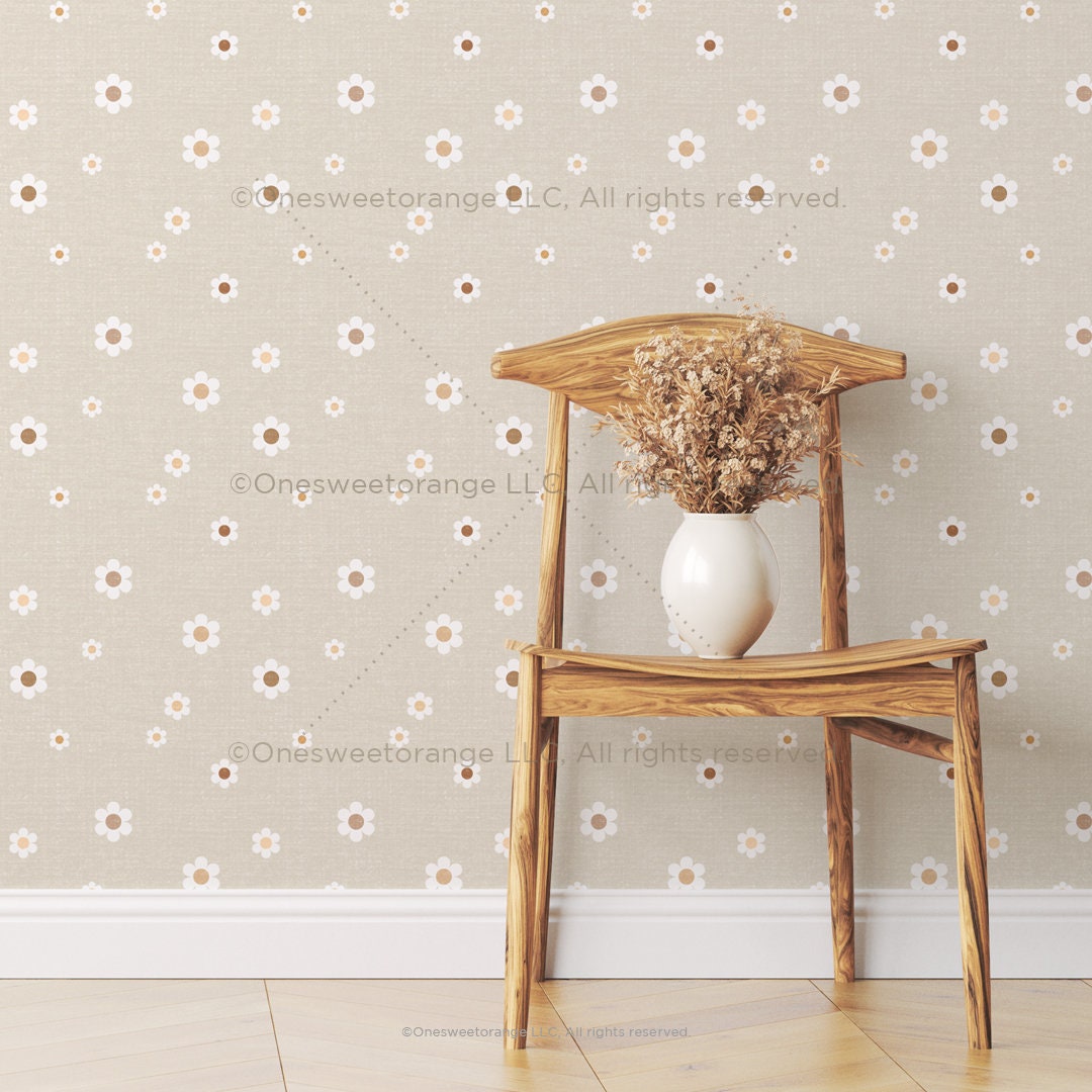 Wallpaper Tossed Daisies Neutral Panel Self-adhesive Woven Polyester ...