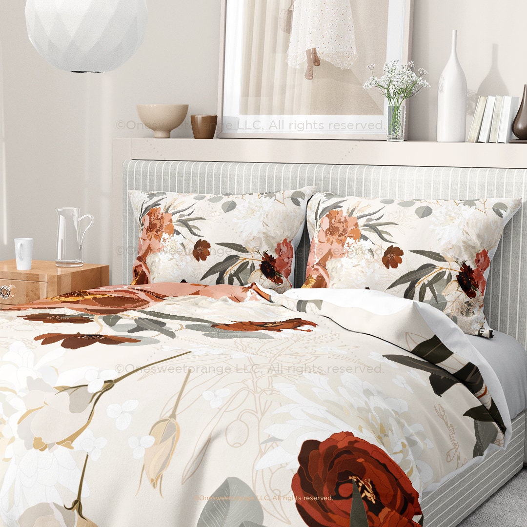 Duvet Cover Peonies Cream Bedding Home Duvet Pillow Sham Set Bedroom ...