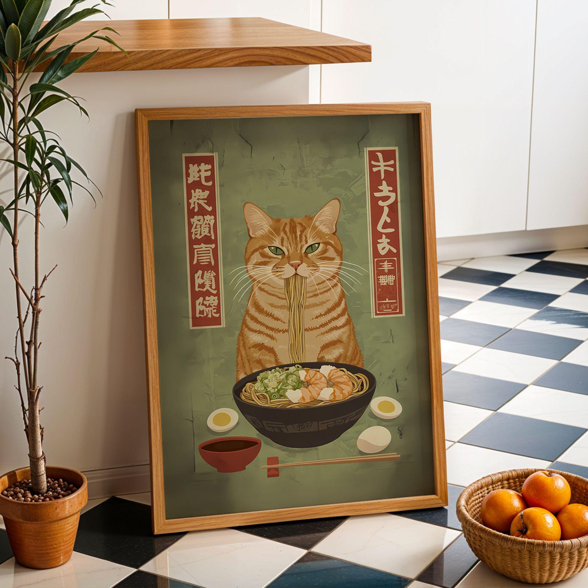 Orange Tabby Cat Ramen Poster Japanese Noodle Art Retro Tokyo Kitchen ...