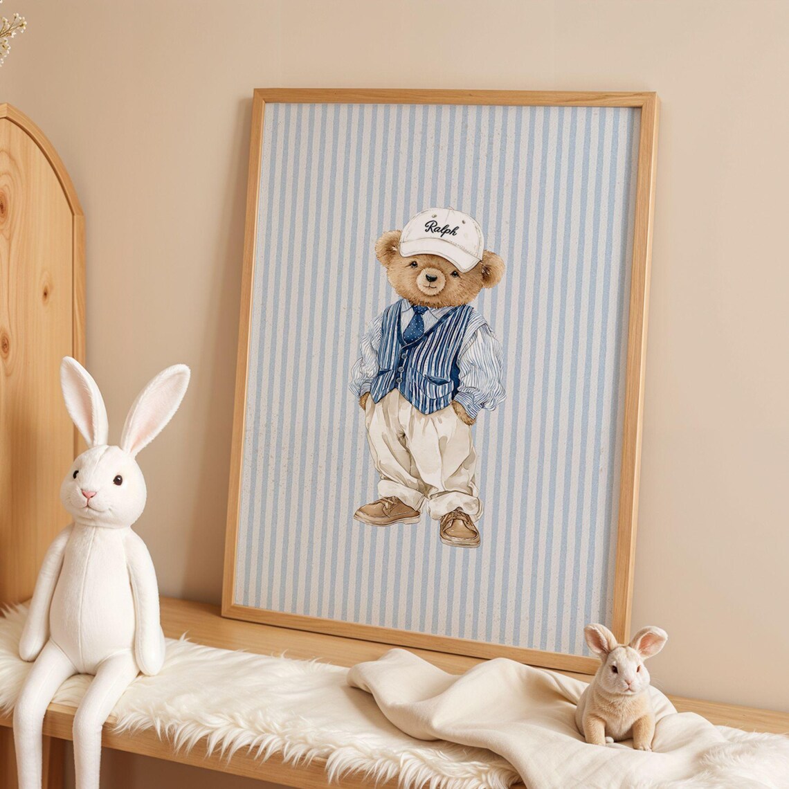 Preppy Teddy Bear Print Coastal Nautical Wall Art Blue Stripes Poster ...
