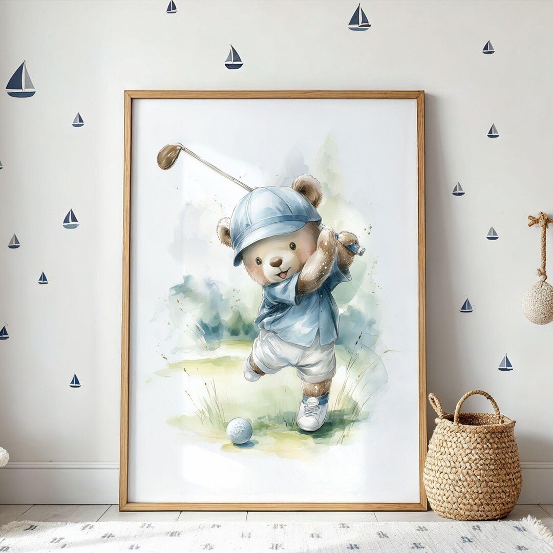 Vintage Golf Teddy Bear Print Sports Nursery Wall Art Poster Boy Room ...