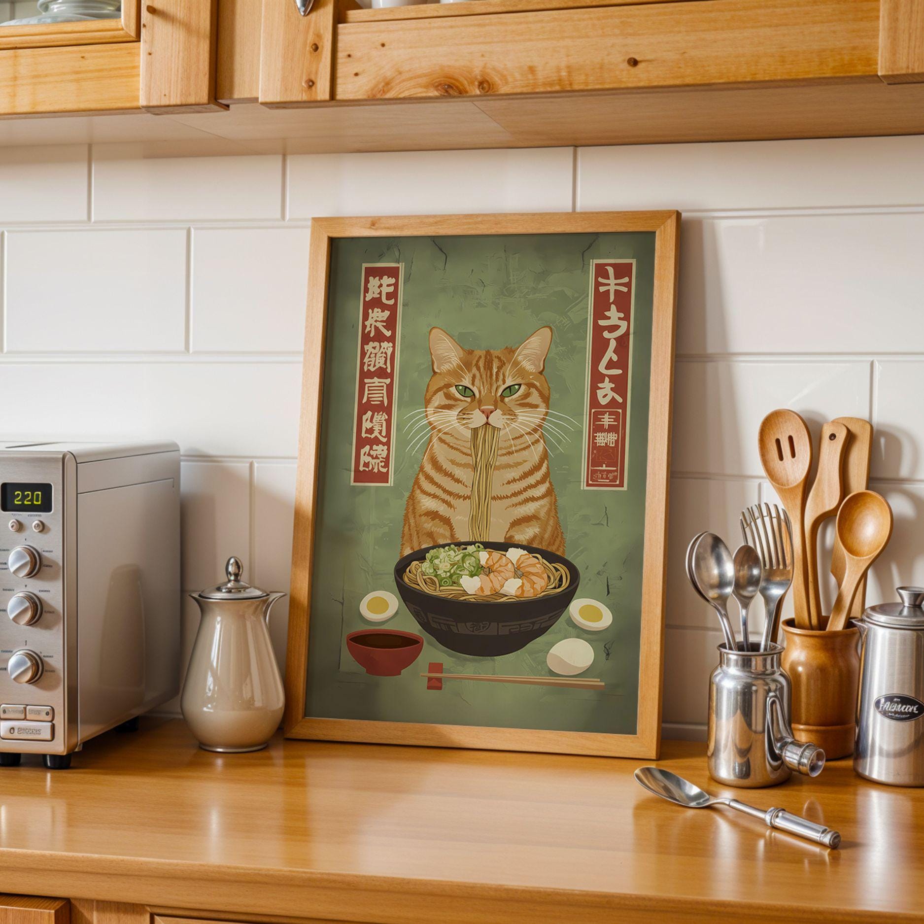 Orange Tabby Cat Ramen Poster Japanese Noodle Art Retro Tokyo Kitchen ...