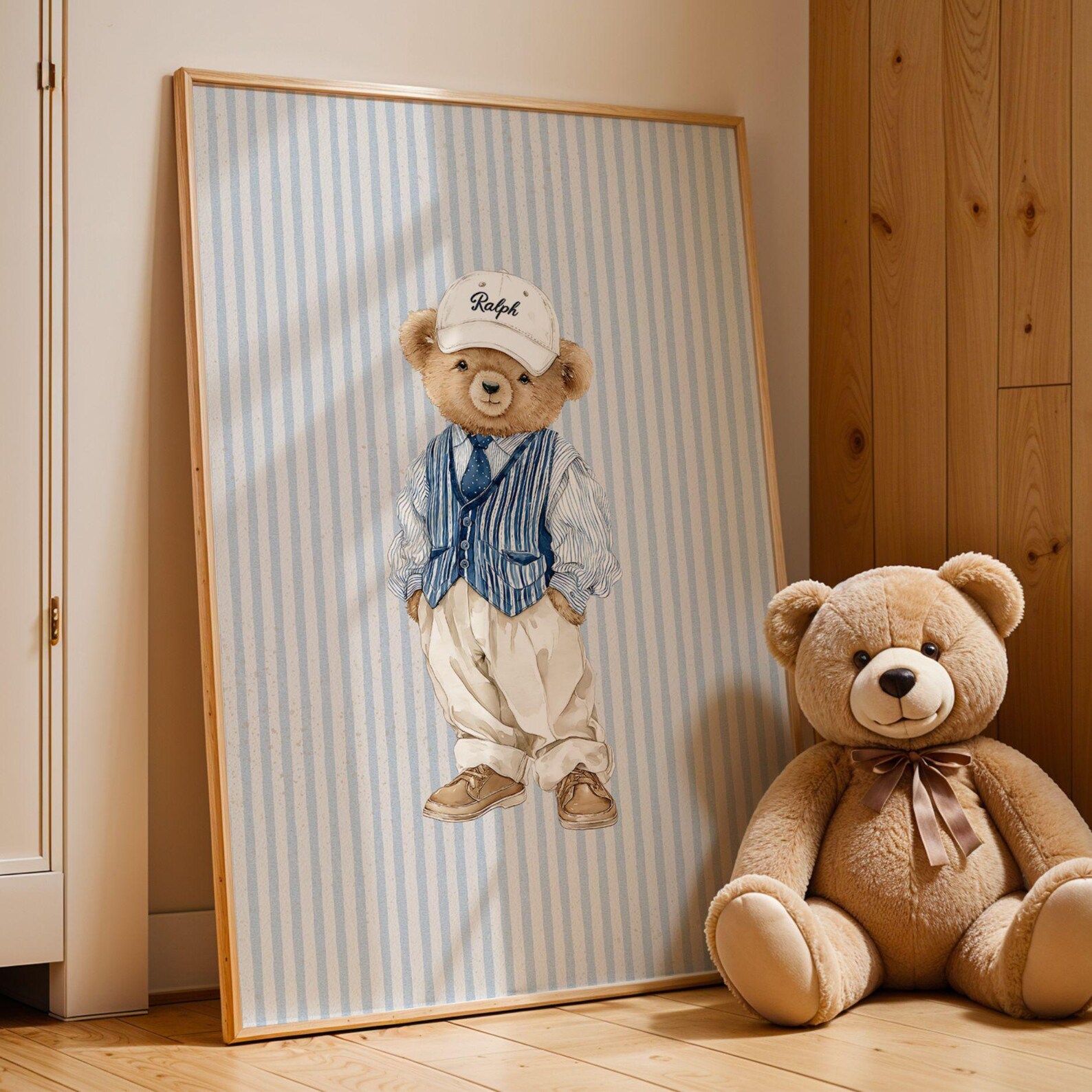 Preppy Teddy Bear Print Coastal Nautical Wall Art Blue Stripes Poster ...