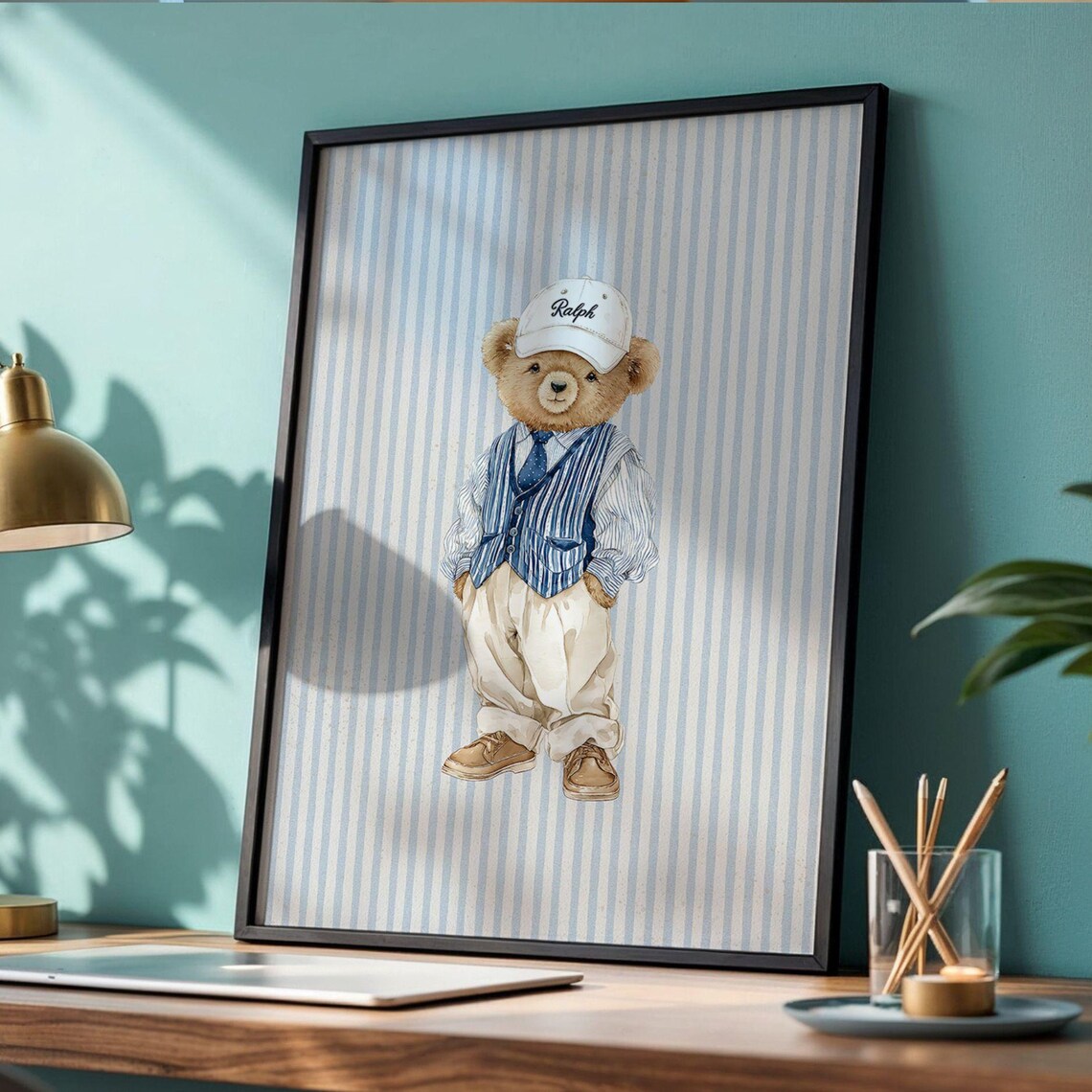 Preppy Teddy Bear Print Coastal Nautical Wall Art Blue Stripes Poster ...