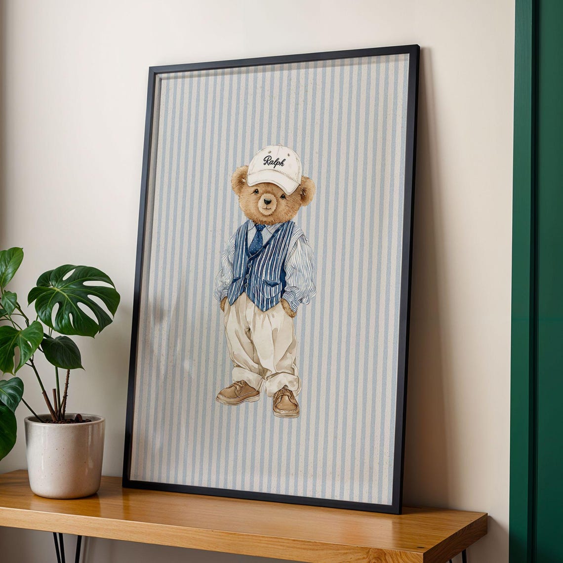 Preppy Teddy Bear Print Coastal Nautical Wall Art Blue Stripes Poster ...