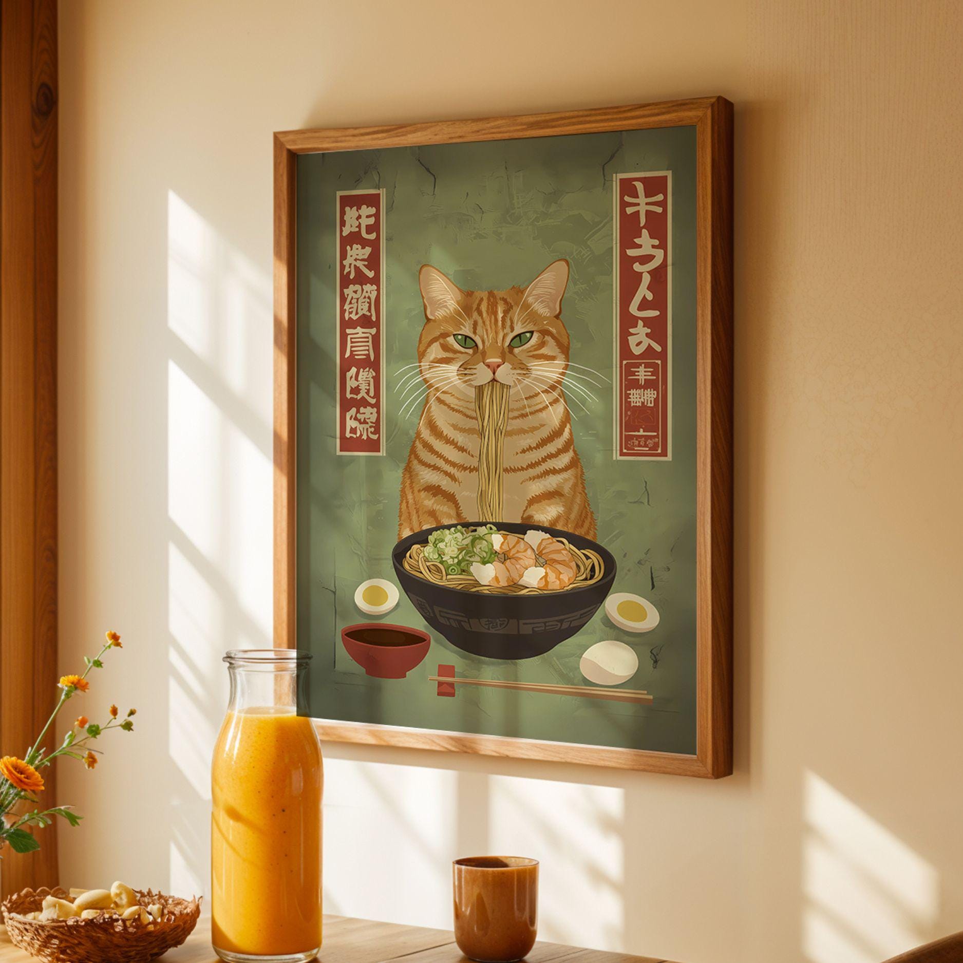 Orange Tabby Cat Ramen Poster Japanese Noodle Art Retro Tokyo Kitchen ...