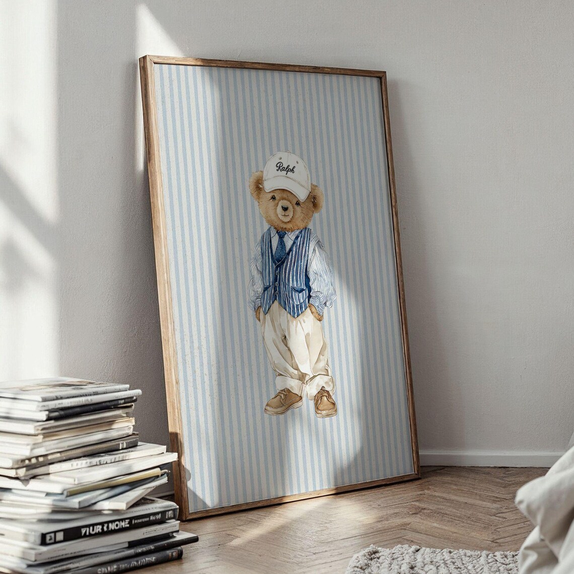 Preppy Teddy Bear Print Coastal Nautical Wall Art Blue Stripes Poster ...