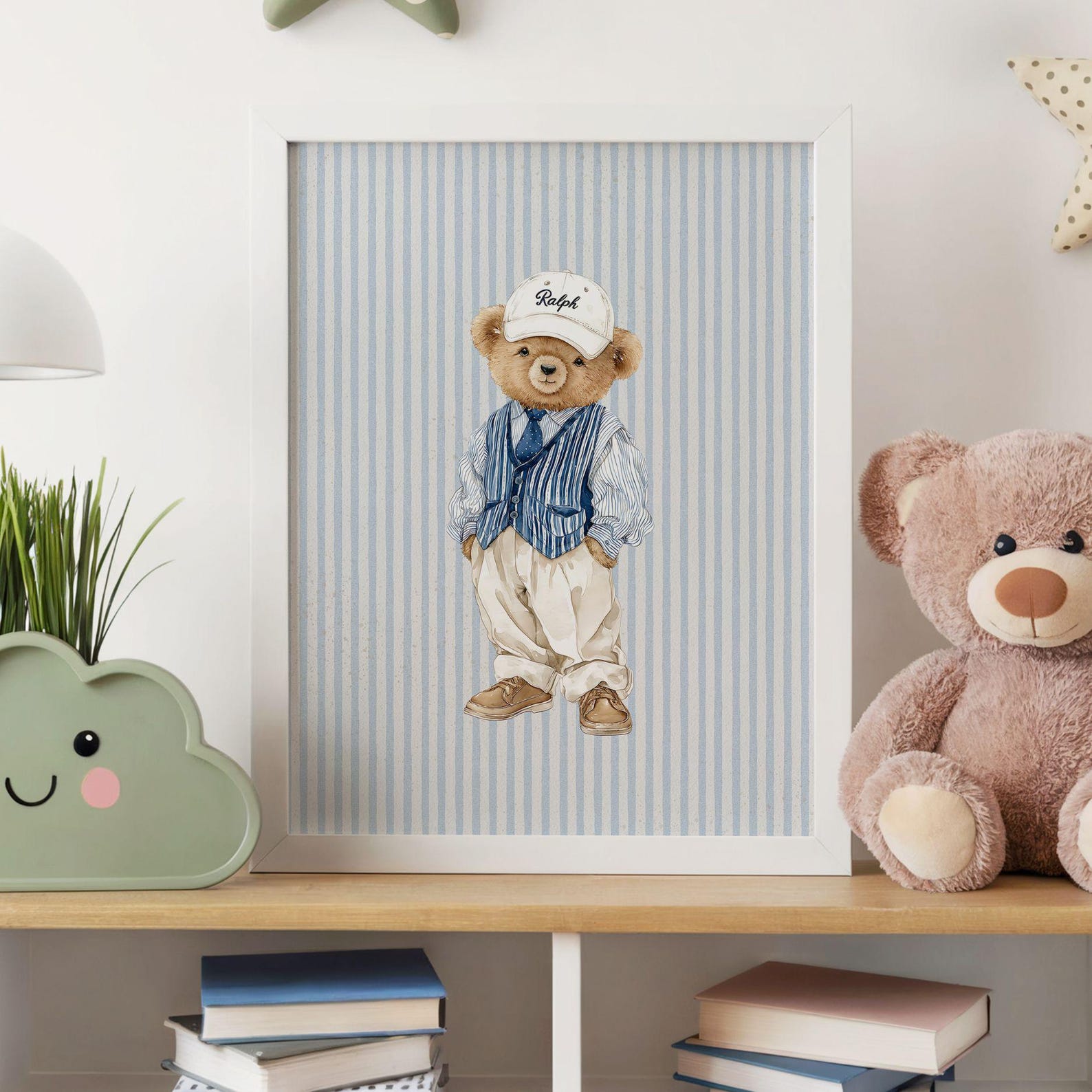 Preppy Teddy Bear Print Coastal Nautical Wall Art Blue Stripes Poster ...