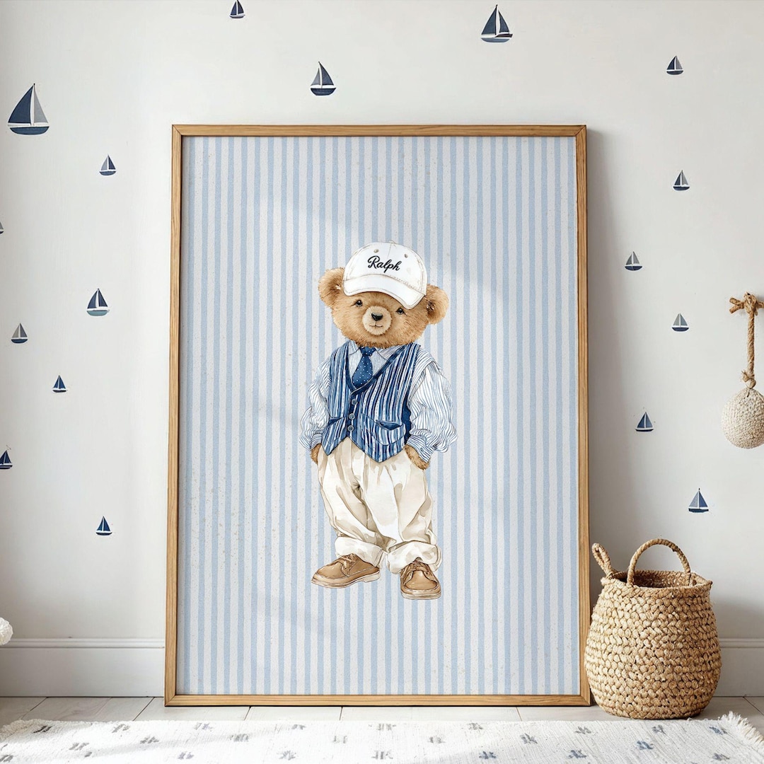 Preppy Teddy Bear Print Coastal Nautical Wall Art Blue Stripes Poster ...