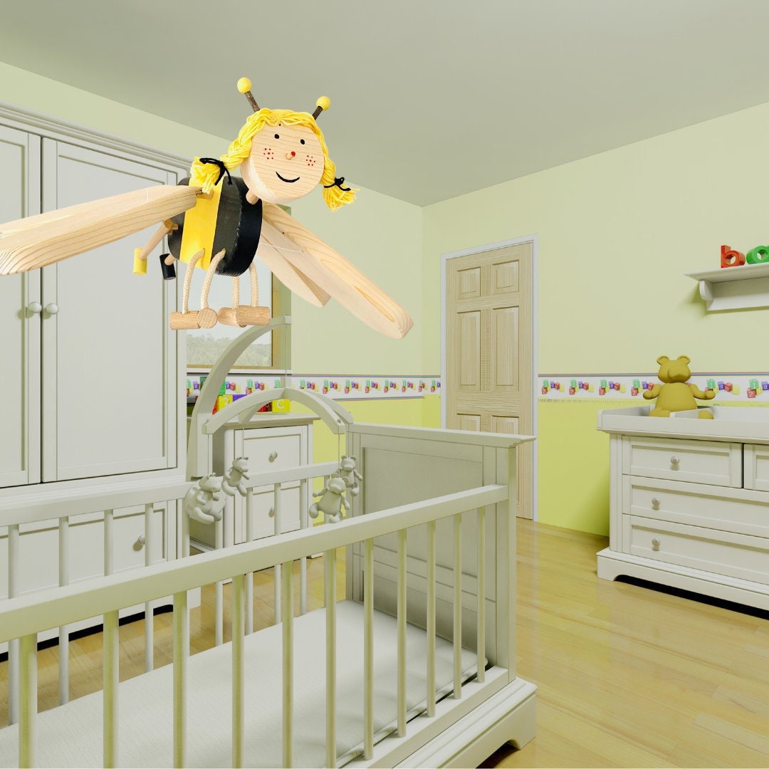 Flying Bee Baby Girl Wooden Mobile - Crib Nursery Mobile - Bee Nursery ...