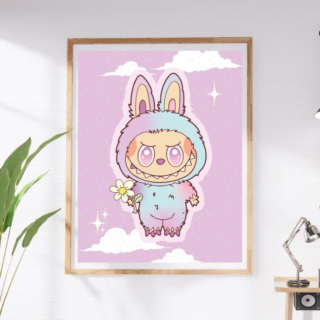 Special Lilac Labubu Plushy Wall Art Print – Luck. Cute Bedroom Decor ...