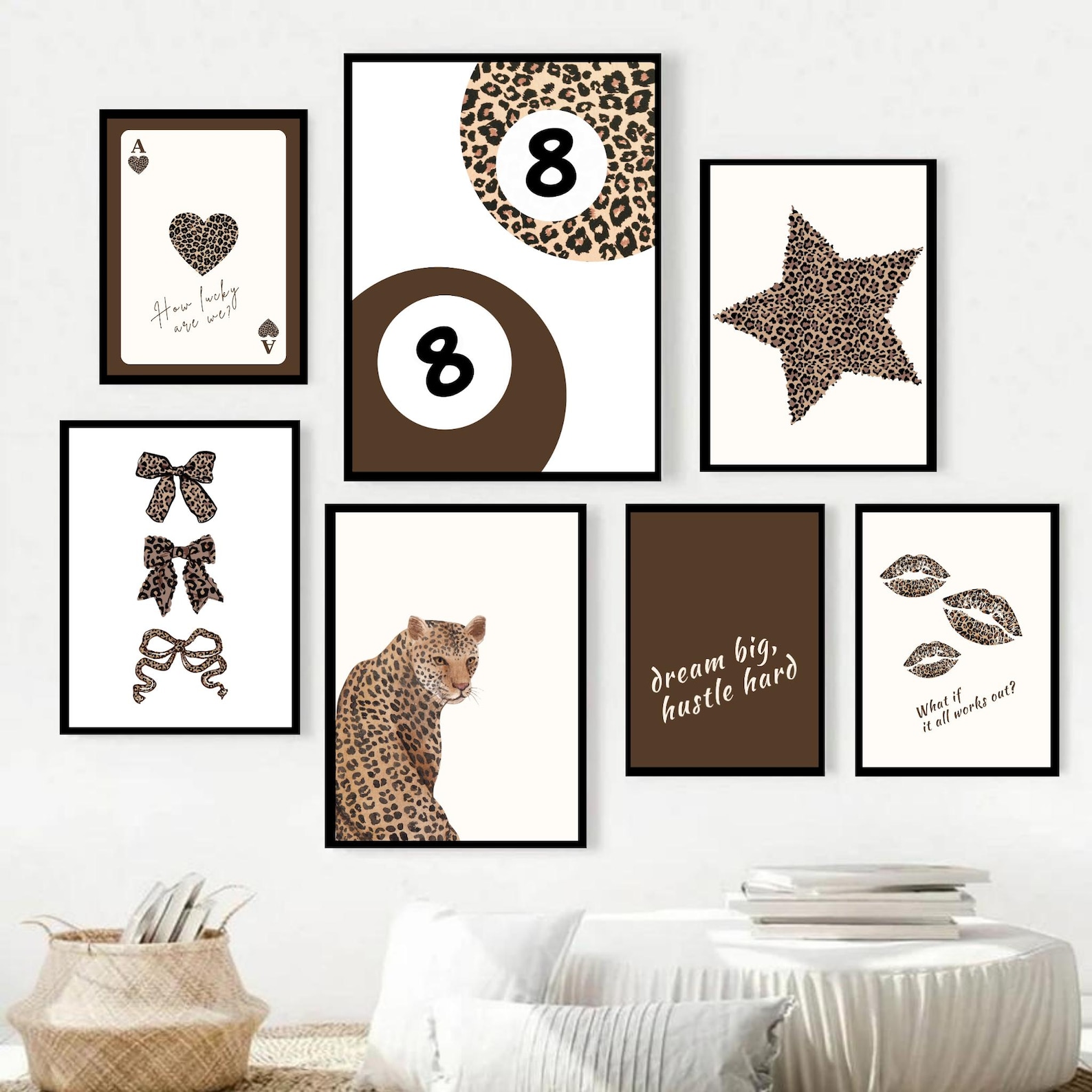 Set of 7 Vintage Prints Neutral Leopard Cheetah Print 8 Ball Lucky ...