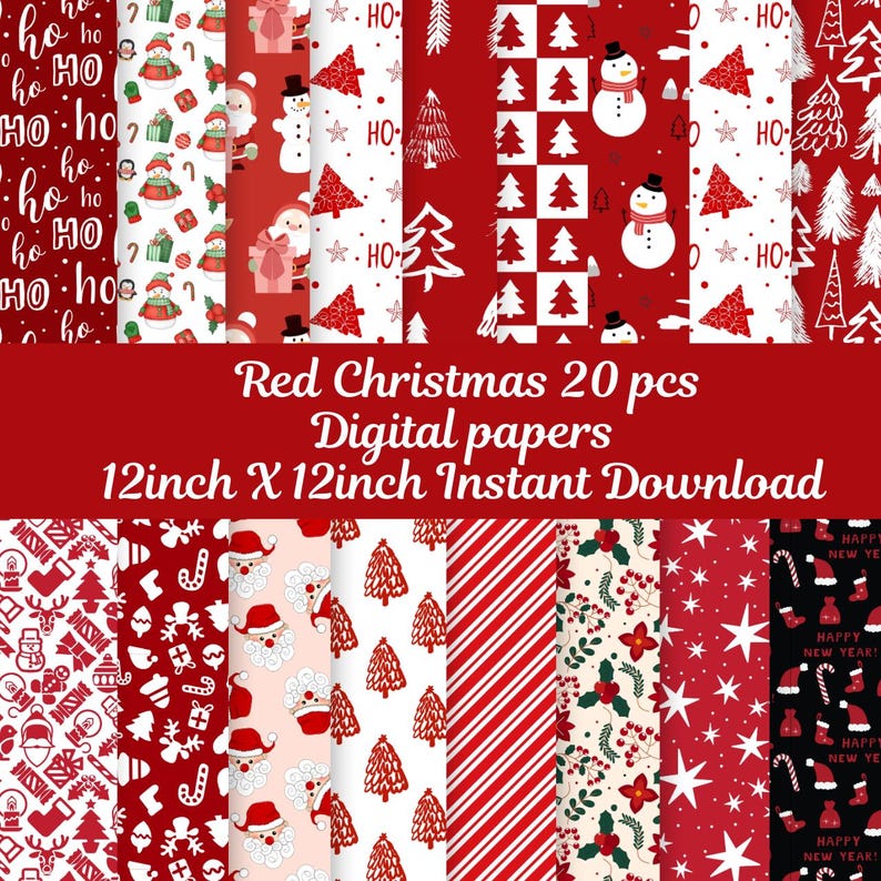 Merry Christmas Red Digital Papers, Xmas Printable Background, Red ...