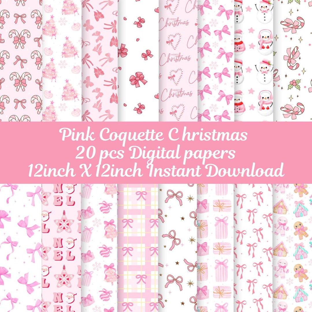 Pink Coquette Christmas Digital Paper, Christmas Pink Bow Background ...