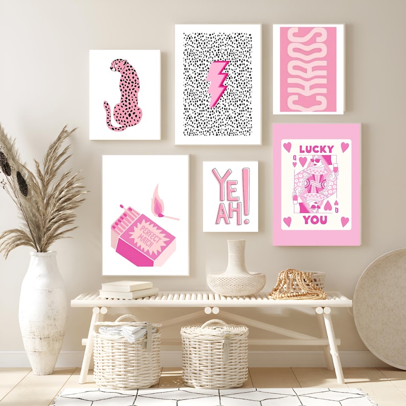 Trendy Pink Bows Wall Art Set of 7, Preppy Poster, College Apartment ...