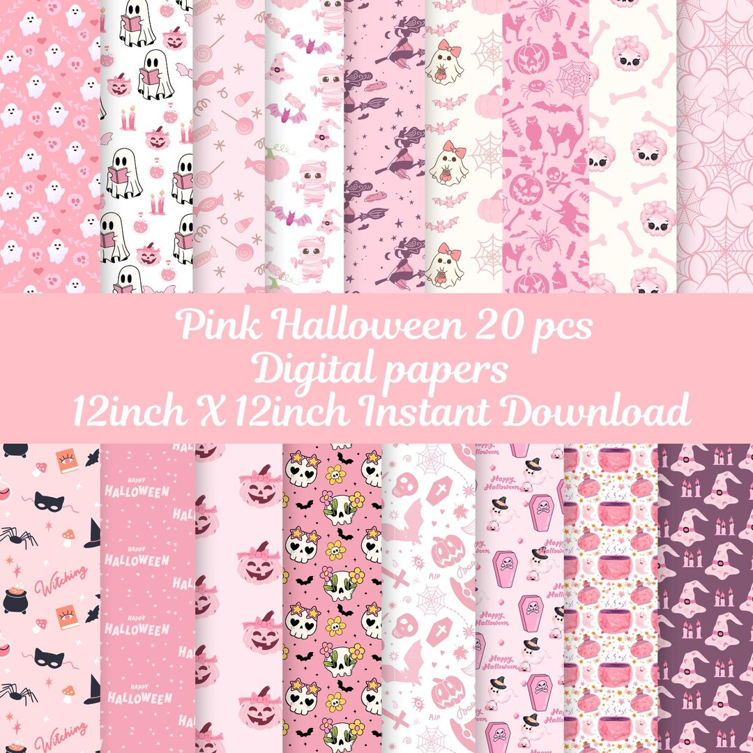 Cute Halloween Digital Paper, Pink Halloween Seamless Patterns, Hand ...