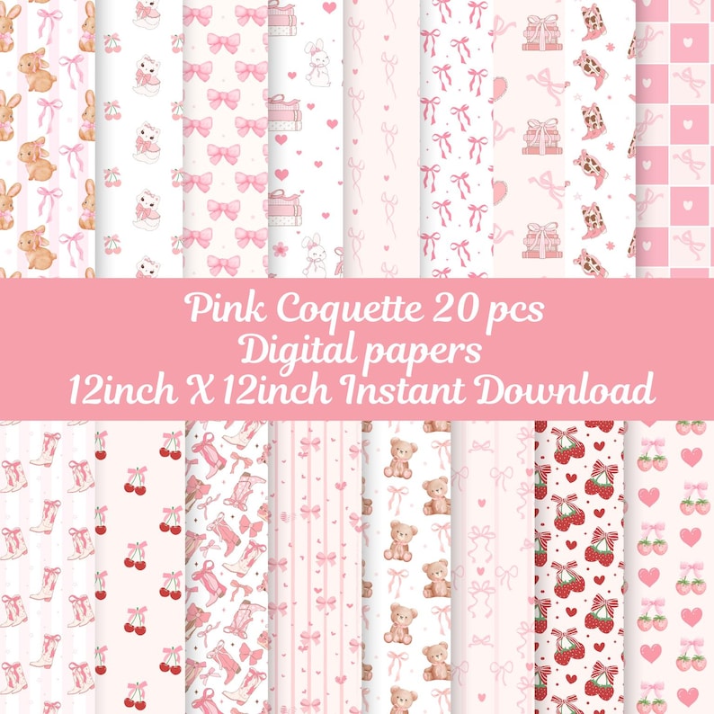Pink Coquette Bows Digital Papers,pink Digital Seamless Patterns,pink ...