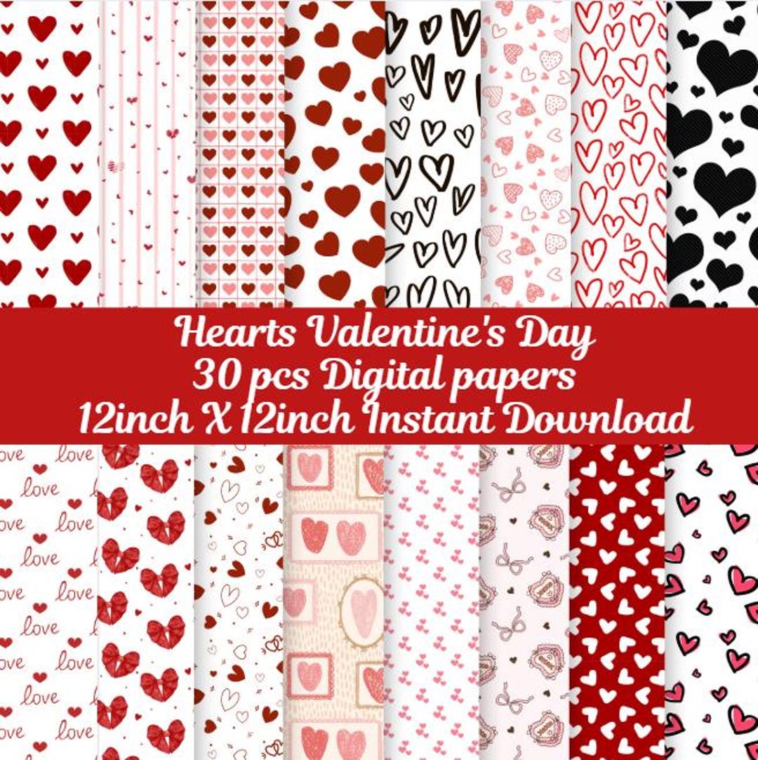 Valentine Paper Pack 30 Pcs| Pink and Red Hearts Junk Journal Papers ...