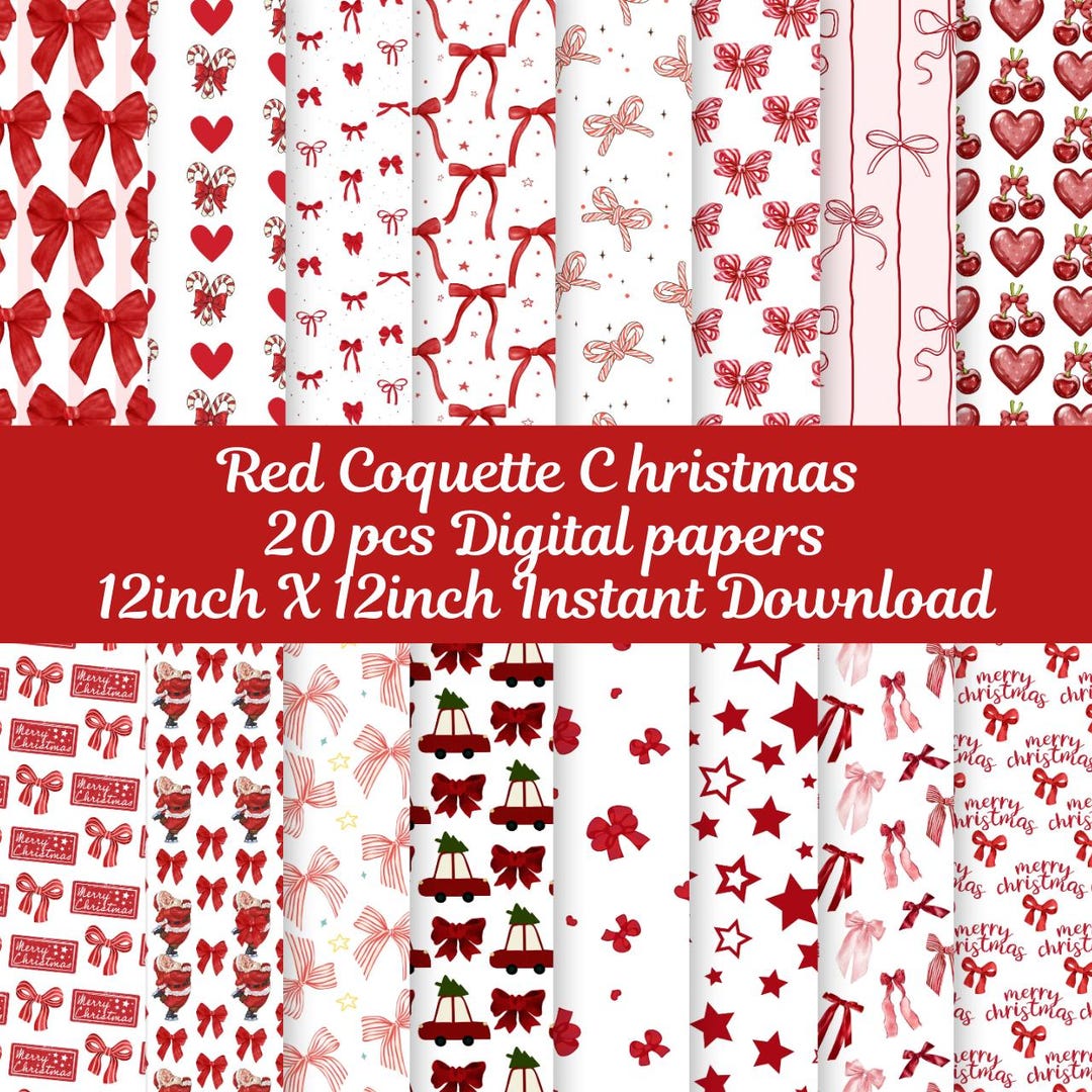 Red Coquette Bows Digital Papers, Red Digital Seamless Patterns, Red ...