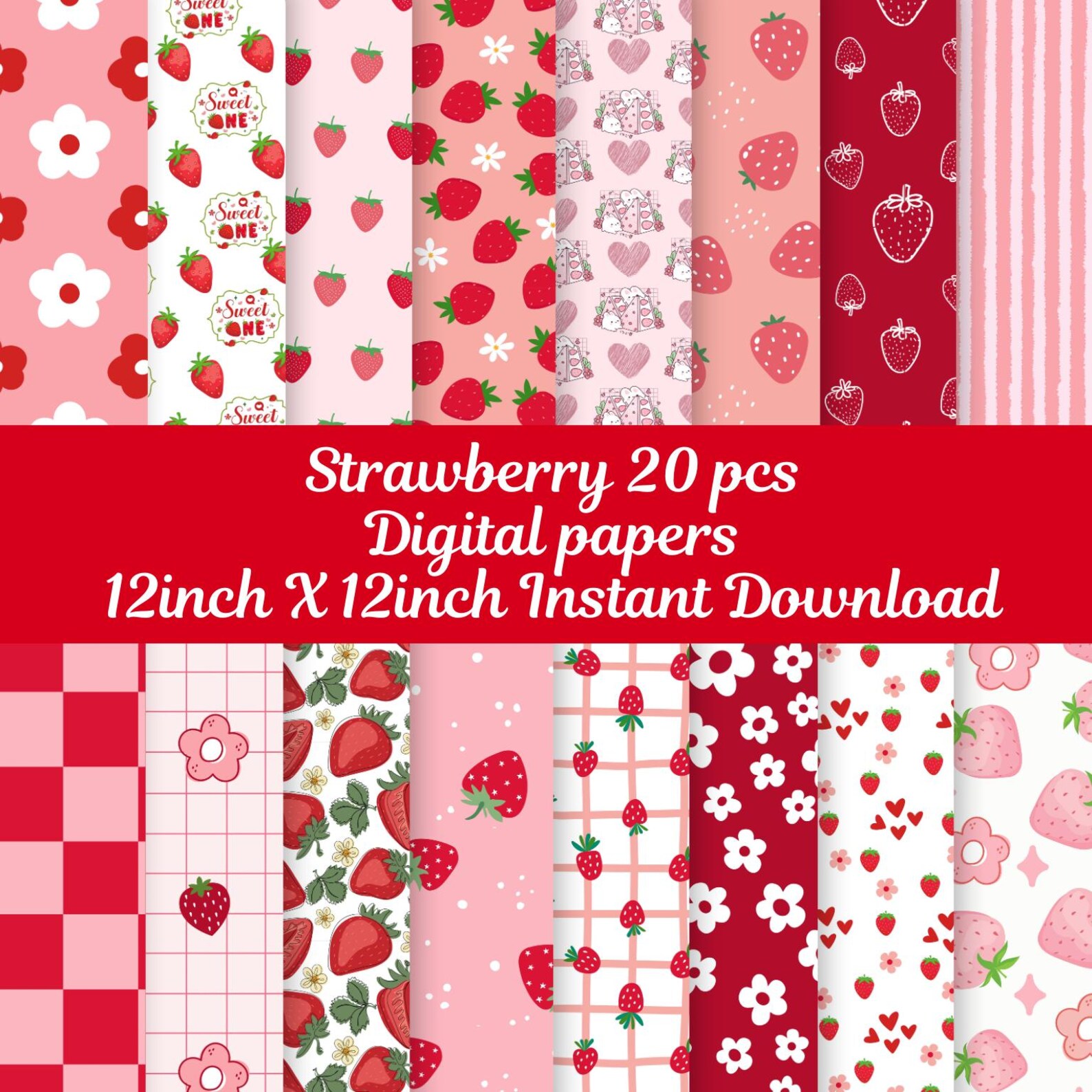 Strawberry Daisy Seamless Pattern, Pastel Digital Paper (digital ...