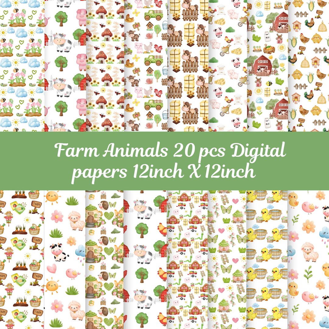 20 Farm Animals Digital Papers 300 DPI Maximum Quality, Farm Animals ...