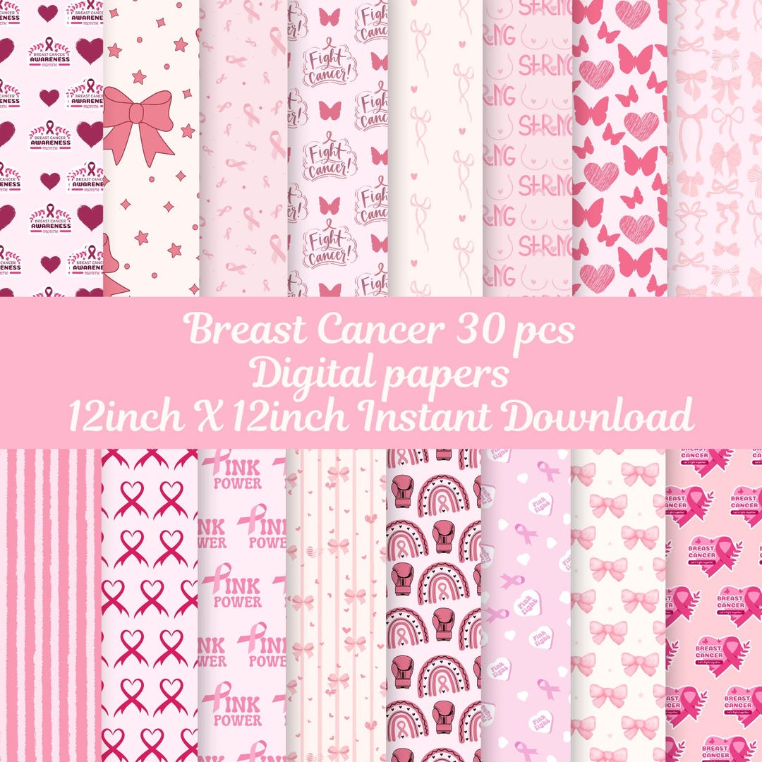 Breast Cancer Digital Paper, Pink Color Ribbons Printable Background ...