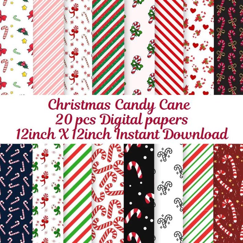 Christmas Candy Cane Digital Paper Set, Holiday Patterns (digital ...