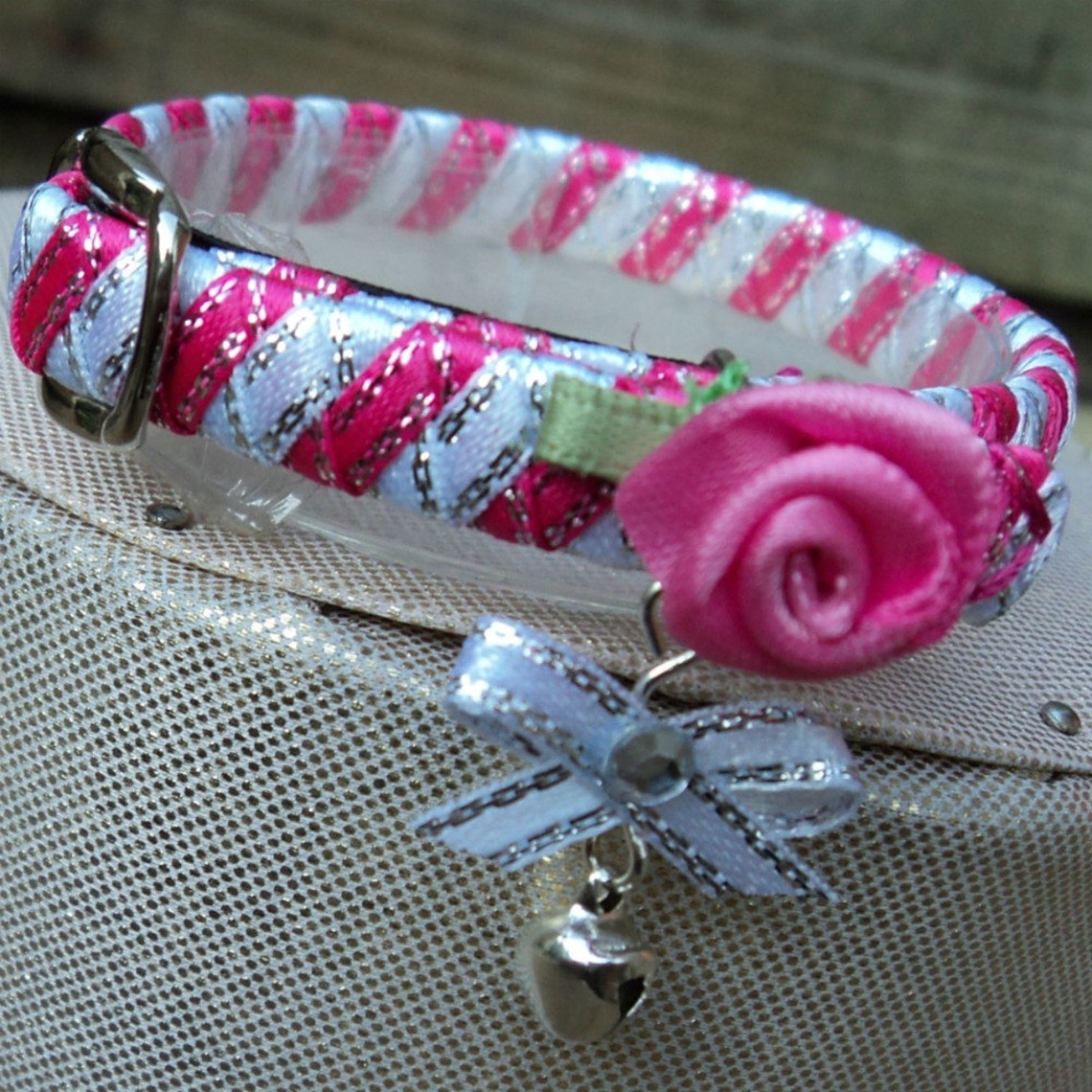 Pink Kitten Collar With White Contrast and Elegant Pink Rose - Etsy