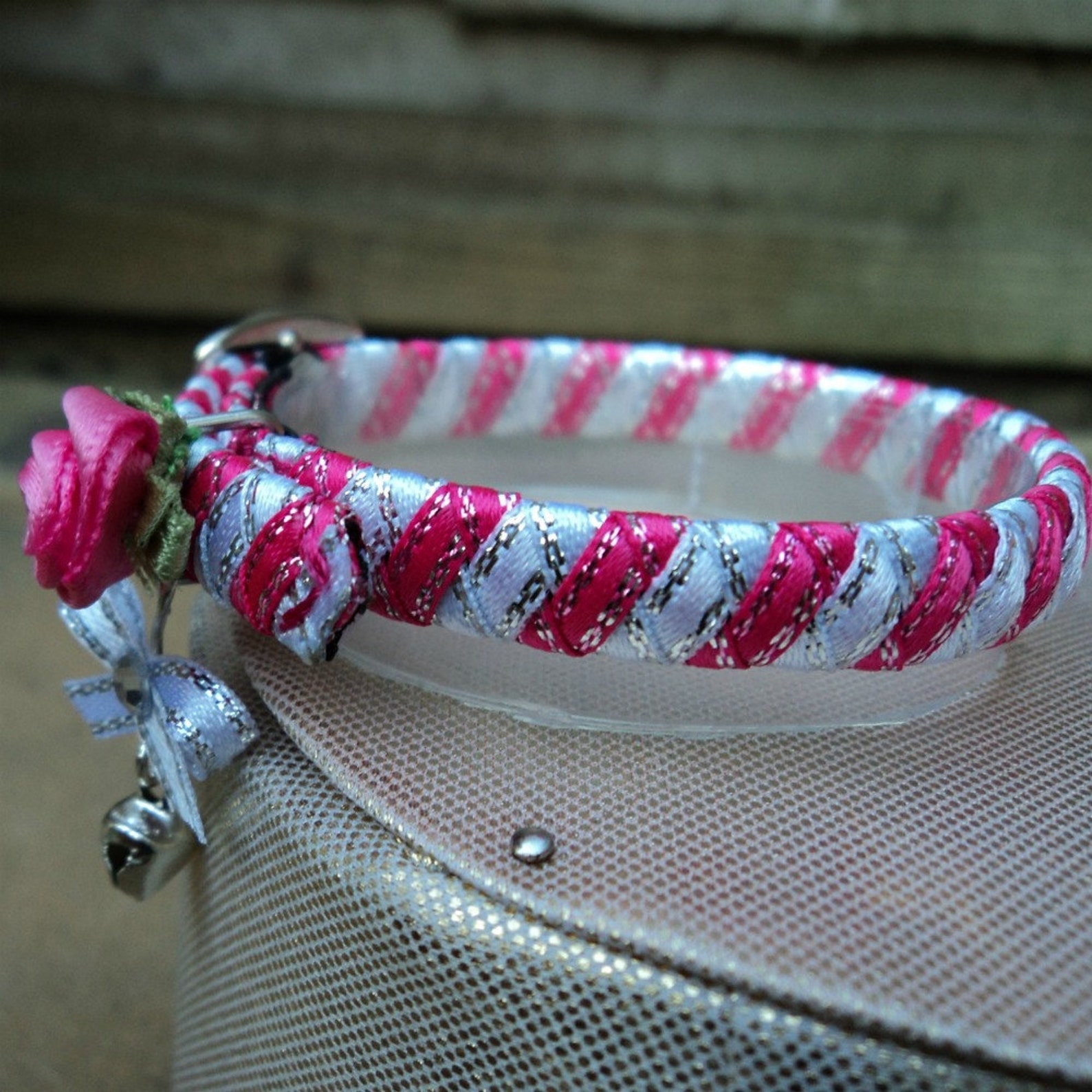 Pink Kitten Collar With White Contrast and Elegant Pink Rose - Etsy