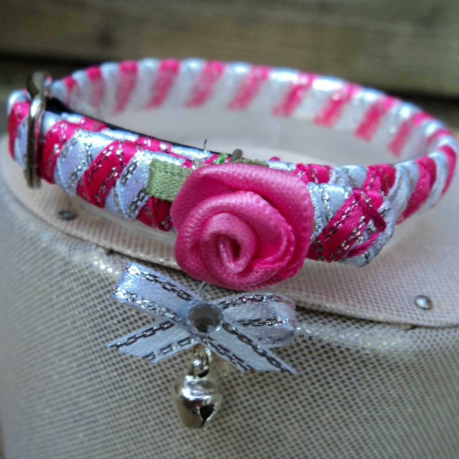 Pink Kitten Collar With White Contrast and Elegant Pink Rose - Etsy