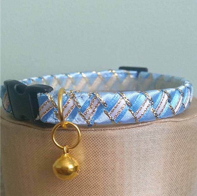Breakaway Cat Collar in Pretty Baby Blue White and Gold Ribbon - Etsy