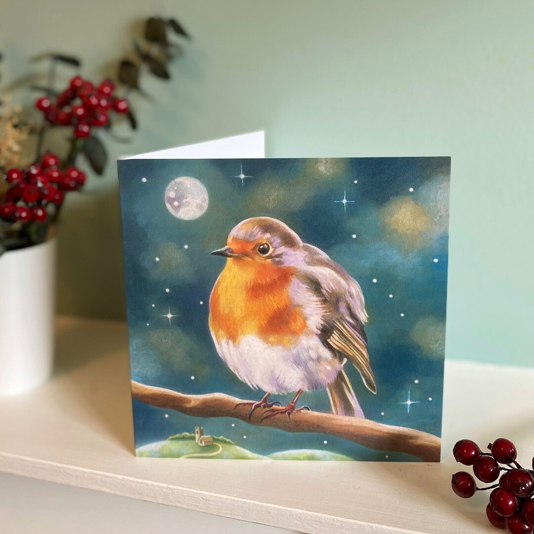 Robin Christmas Card Full Moon, Church, Nostalgic Christmas Card - Etsy