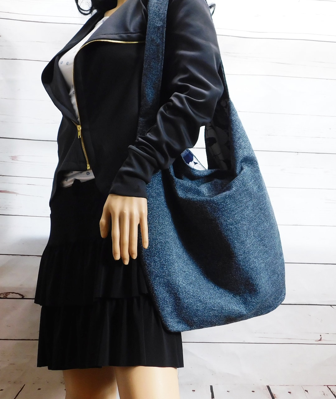 Blue Tweed Handbag, Large Navy Blue Shoulder Bag, Woven Fabric Slouch ...