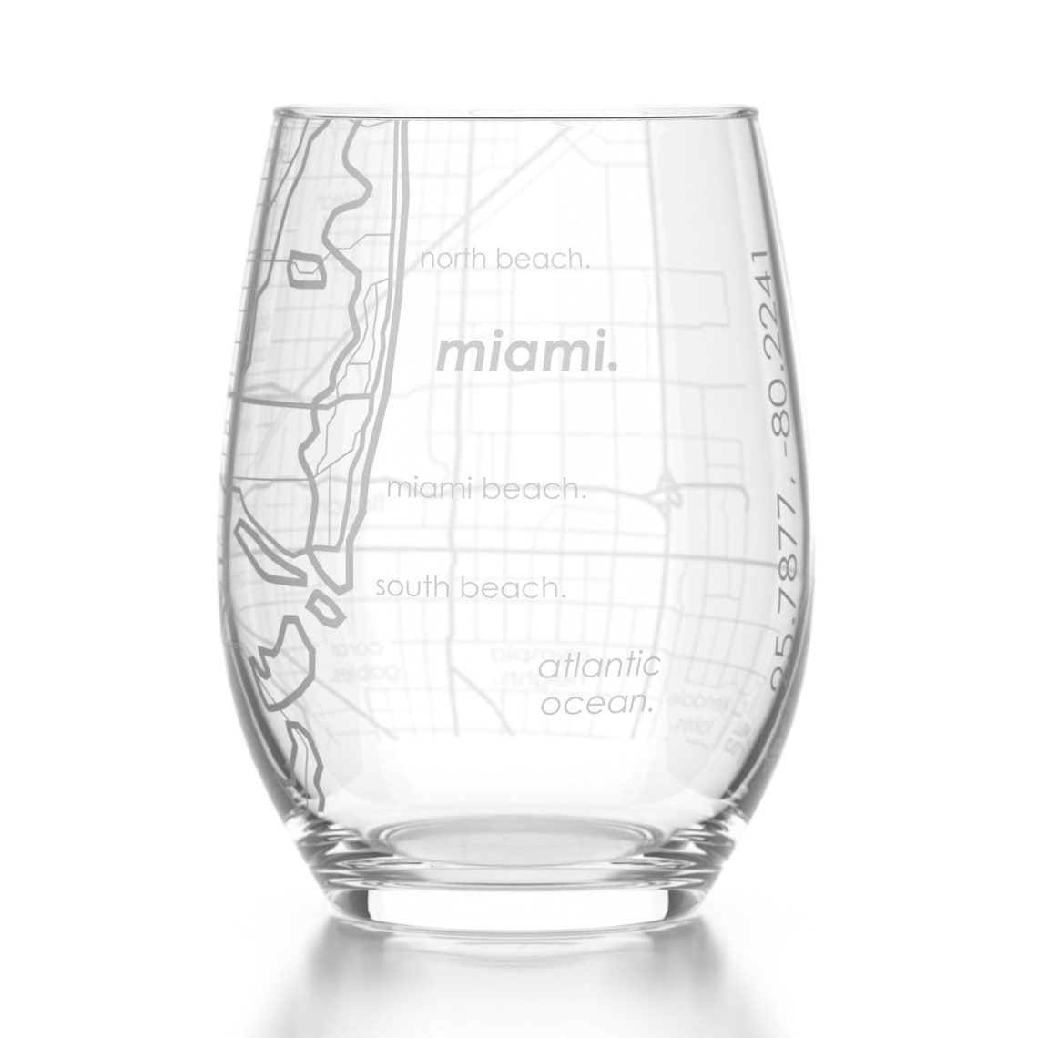 Miami, FL Map Stemless Wine Glass | Engraved Wine Glass (15oz) | Etched ...