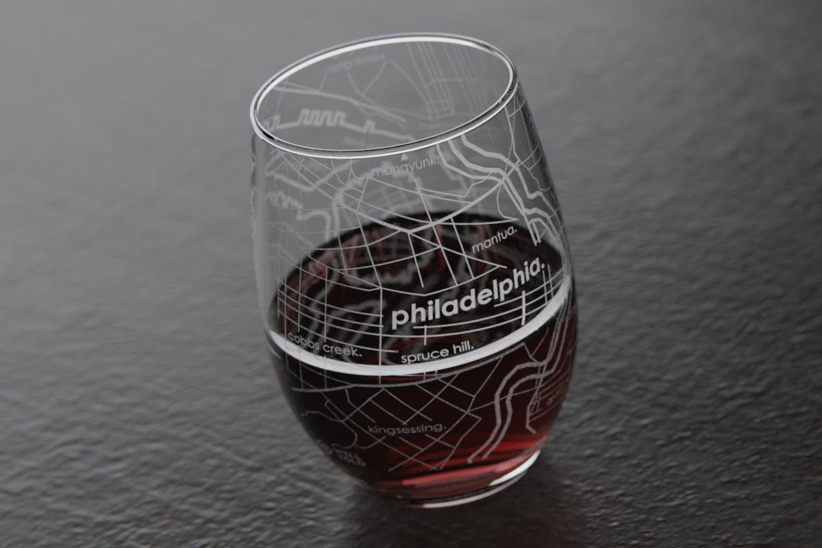 Philadelphia Map Stemless Wine Glass | Engraved Wine Glass (15oz ...