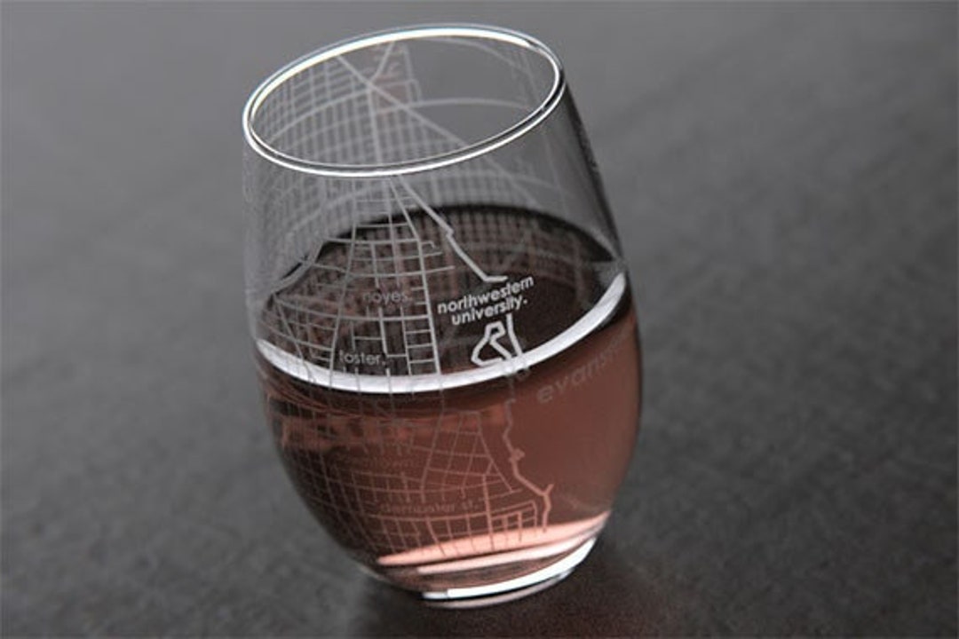 Evanston IL Map Stemless Wine Glass | Engraved Wine Glass (15oz ...