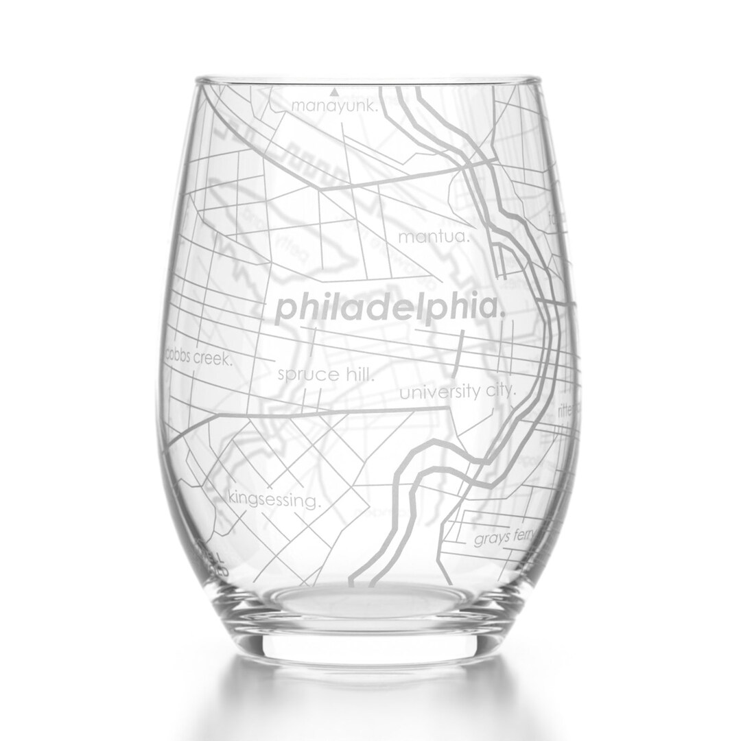 Philadelphia Map Stemless Wine Glass | Engraved Wine Glass (15oz ...