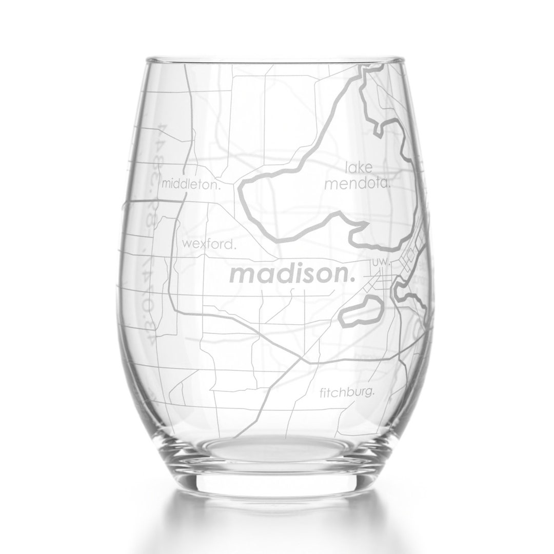 Madison WI Map Stemless Wine Glass | Engraved Wine Glass (15oz ...