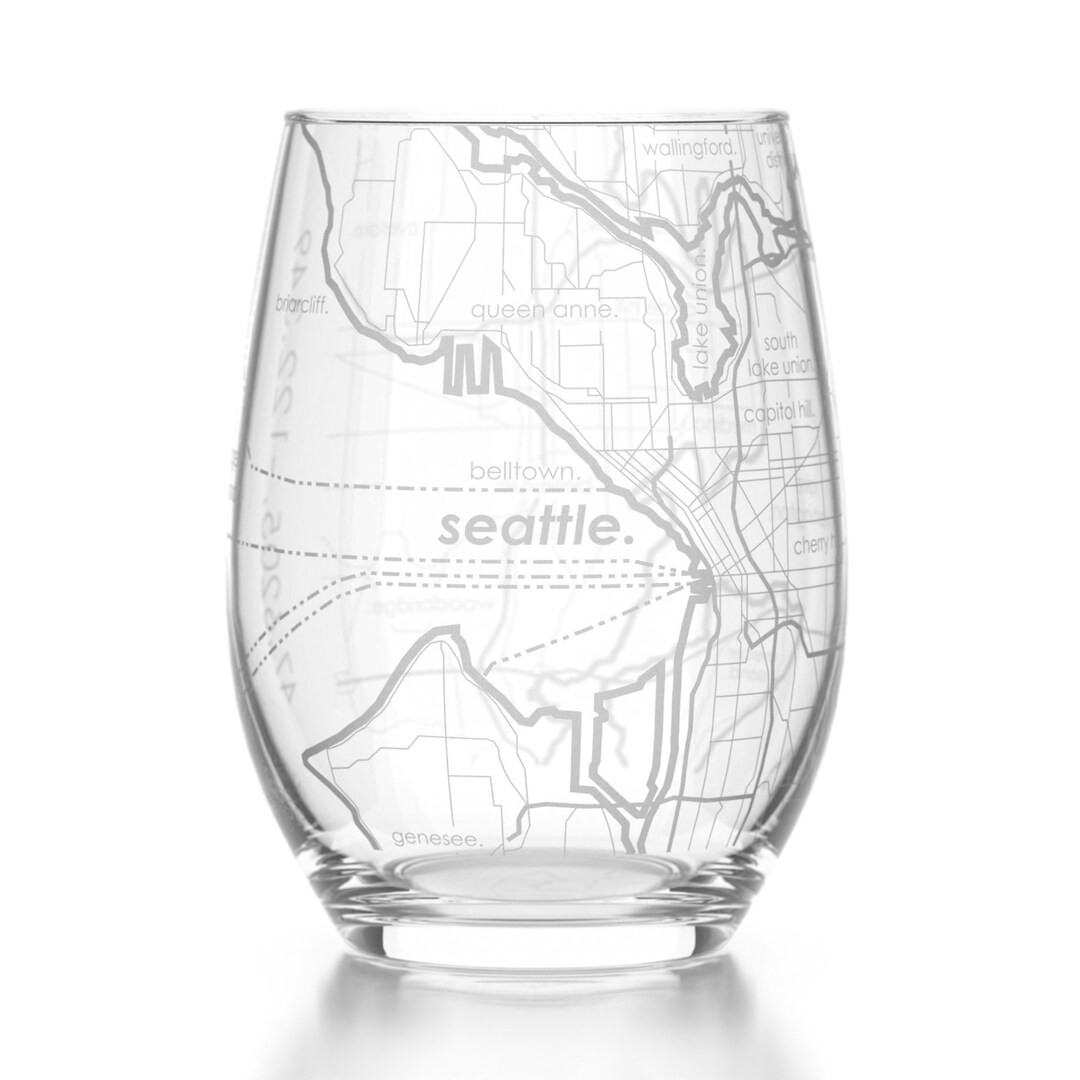 Seattle Map Stemless Wine Glass | Engraved Wine Glass (15oz) | Etched ...